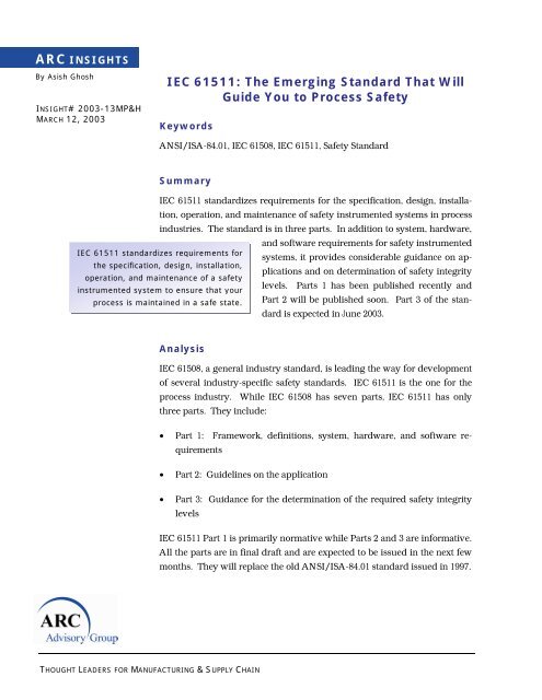 IEC 61511: The Emerging Standard That Will Guide You to Process ...