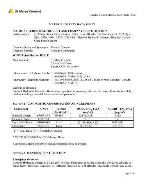 MATERIAL SAFETY DATA SHEET SECTION 1 ... - St Marys Cement