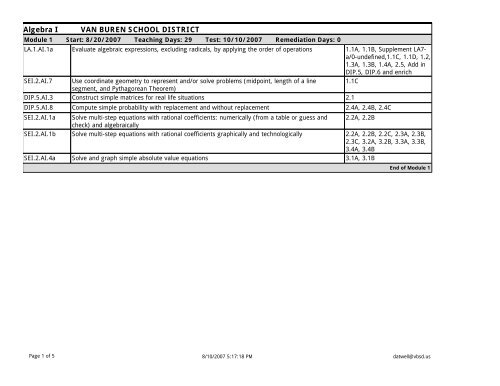 Math Algebra 1 Curriculum Map 2007-2008 - Van Buren School ...