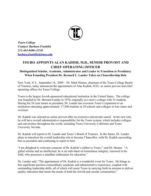 touro appoints alan kadish, md, senior provost and chief operating ...