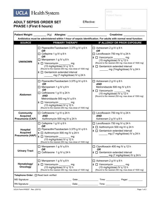 ADULT SEPSIS ORDER SET PHASE I (First 6 hours)