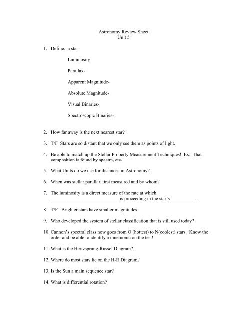 Astronomy Review Sheet Unit 5