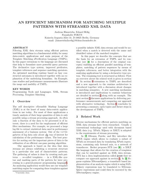 An efficient mechanism for Matching multiple patterns on XML Streams