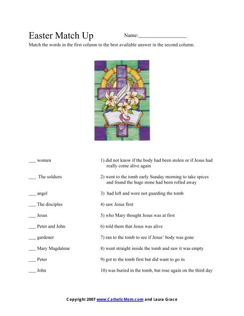 Easter Match Up Worksheet - Catholic Mom