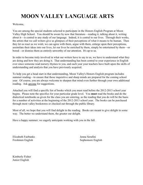 Honors English 1-2, 3-4, 5-6 Letter - Moon Valley High School