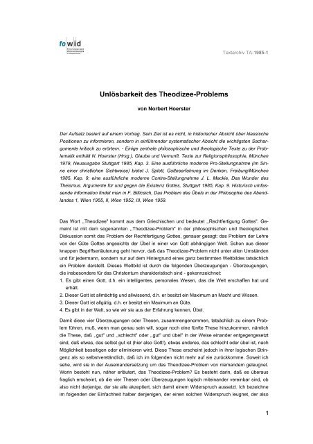 Unlösbarkeit des Theodizee Problems - Norbert Hoerster - Fowid