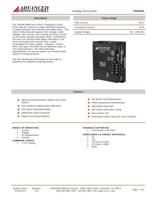 Analog Servo Drive 100A40 - Advanced Motion Controls
