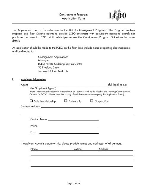 Consignment Program Application Form - Doing Business with LCBO