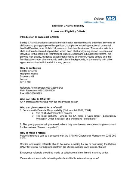 Specialist CAMHS in Bexley Access and Eligibility Criteria ...