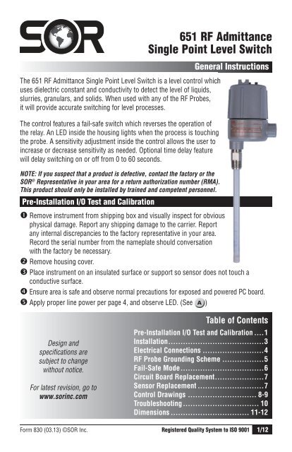 651 RF Admittance Single Point Level Switch (Form GI830) - SOR Inc.