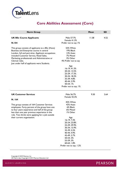 Core Abilities Norms Description - TalentLens