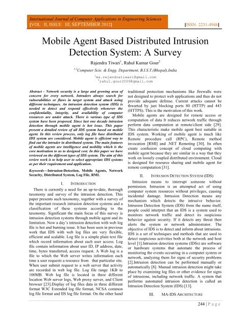 Mobile Agent Based Distributed Intrusion Detection System A Survey