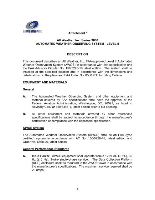 AWOS II HU Specification - All Weather Inc