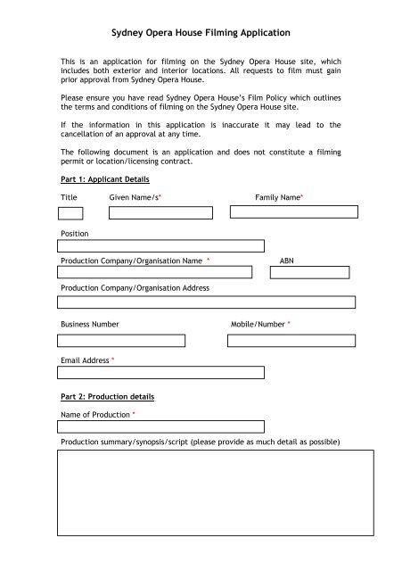 Filming and Photography Permit Application - Sydney Opera House