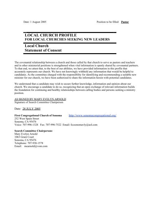 LOCAL CHURCH PROFILE Local Church Statement of Consent