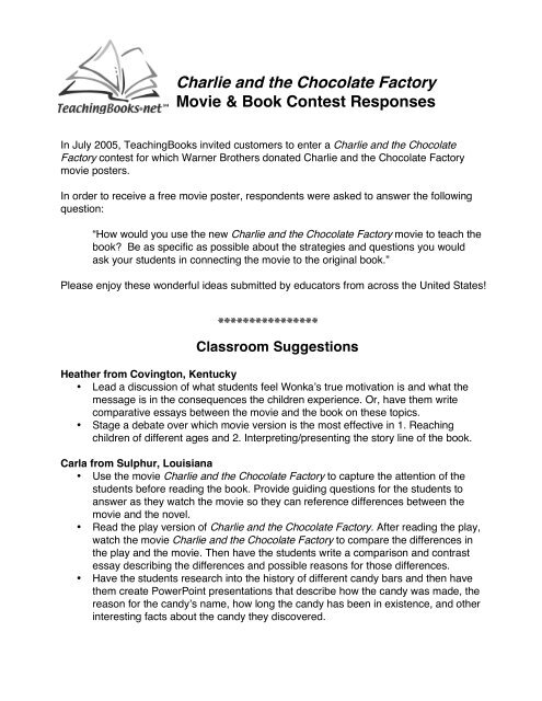 Charlie and the Chocolate Factory Movie & Book Contest Responses