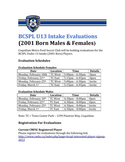 BCSPL U13 Intake Evaluations - Coquitlam Metro-Ford Soccer Club