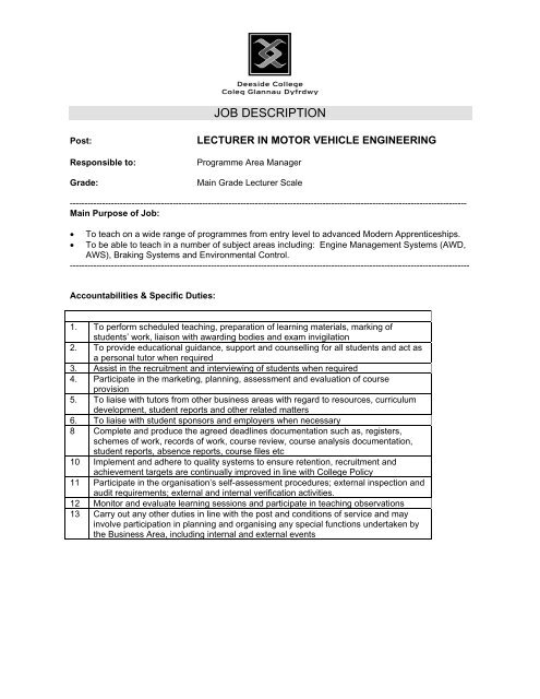 JOB DESCRIPTION - Deeside College