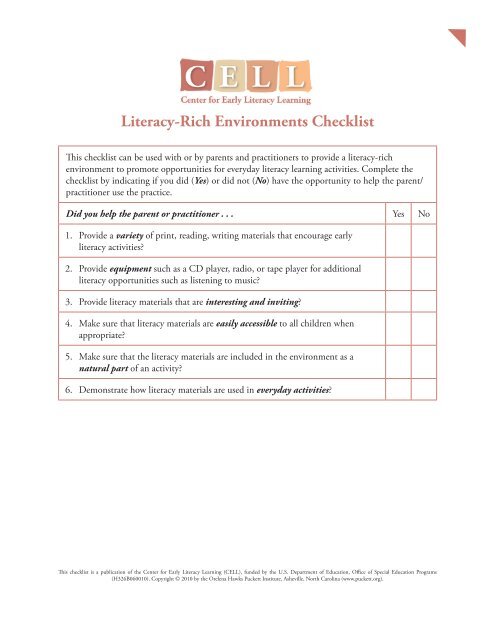 Literacy-Rich Environments Checklist - Center for Early literacy ...