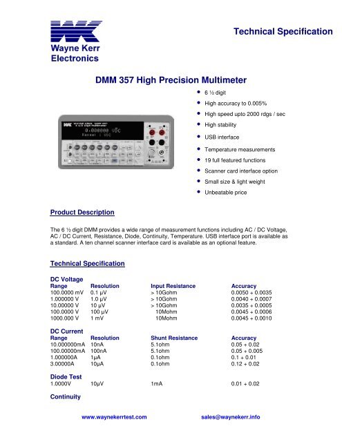 Technical Specification DMM 357 High Precision ... - Wayne Kerr, Inc.