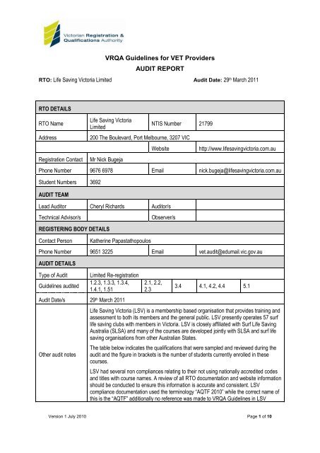 LSV VRQA 2011 Audit Report - Life Saving Victoria