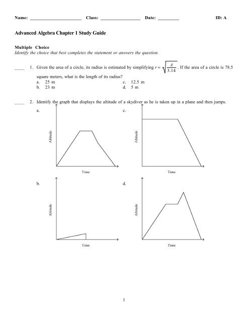 Advanced Algebra Chapter 1 Study Guide