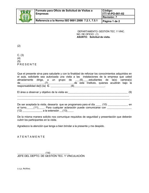 ITT-VI-PO-001-02 OFICIO DE SOL VISITAS.pdf - Instituto ...