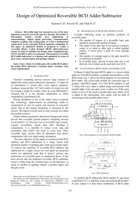Design of Optimized Reversible BCD Adder/Subtractor - IJET