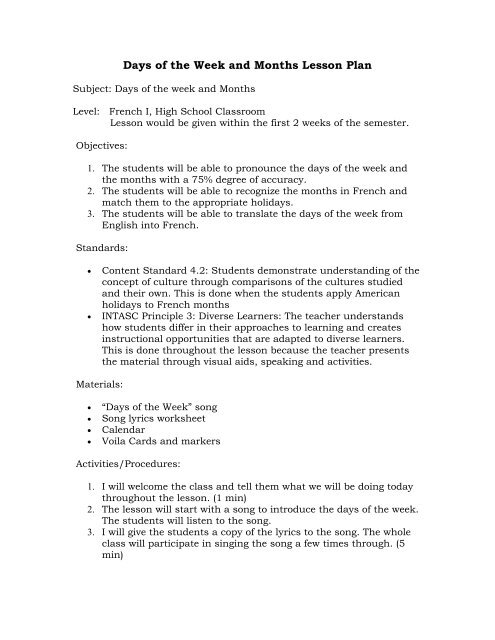 Days Of The Week Lesson Plan Days Of The Week Lesson Plan