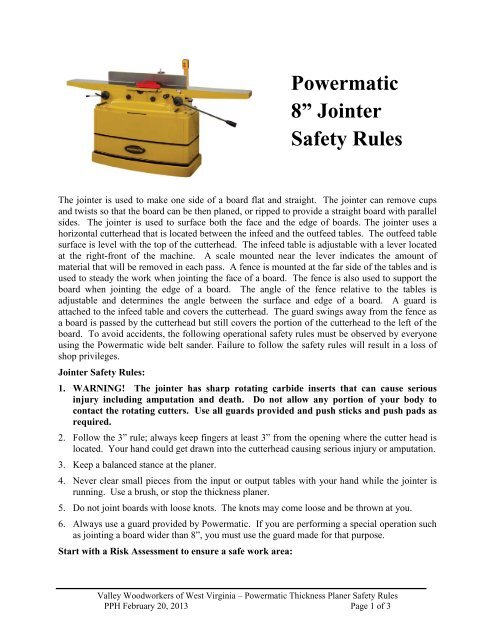 Powermatic 8â Jointer Safety Rules - Valley Woodworkers