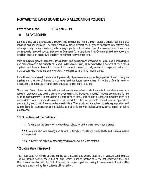NGWAKETSE LAND BOARD LAND ALLOCATION POLICIES