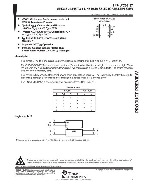 Single 2-Line To 1-Line Data Selector/Multiplexer