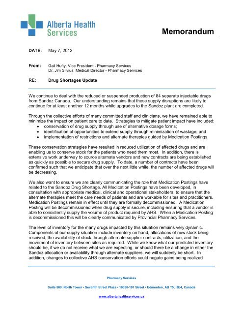 Drug Shortages Update Memo