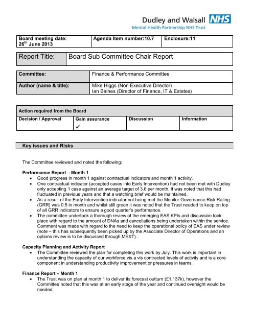 Report Title: Board Sub Committee Chair Report