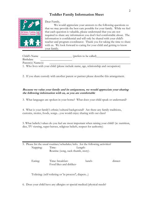Preschool Family Information Sheet - Children's Center Home
