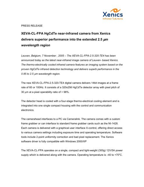 XEVA-CL-FPA HgCdTe near-infrared camera from Xenics delivers ...
