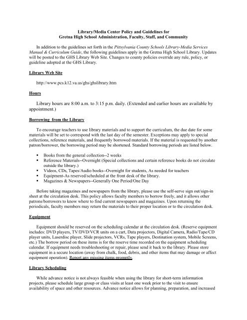 Library Rules, Policy, and Guidelines for Gretna High School Library ...