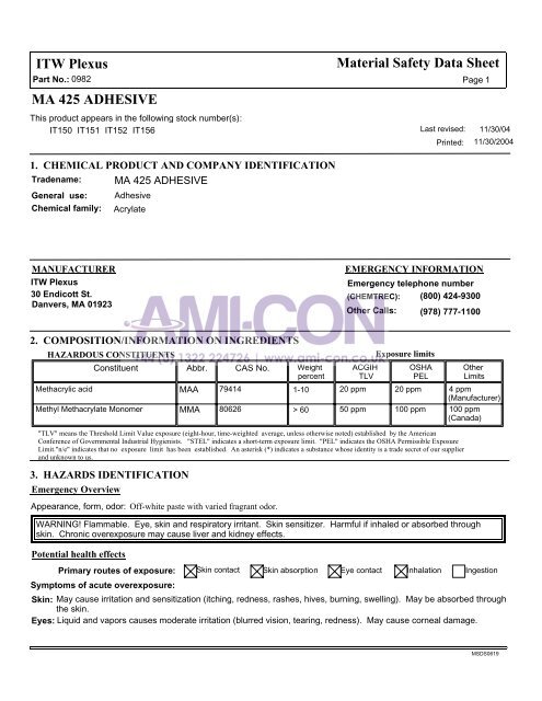 MA 425 ADHESIVE ITW Plexus Material Safety Data Sheet - AMI-CON