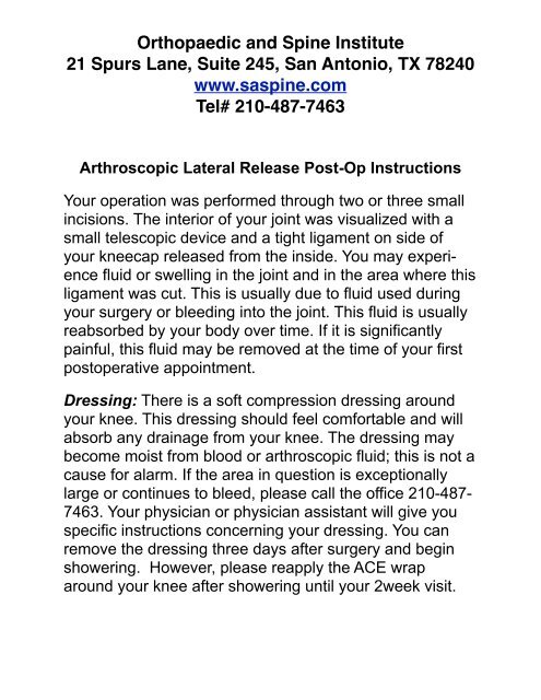Arthroscopic Lateral Release Post-Op Instructions - Orthopaedic and ...