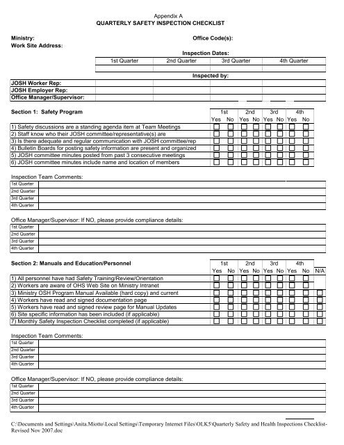 Quarterly Safety Inspections Checklist