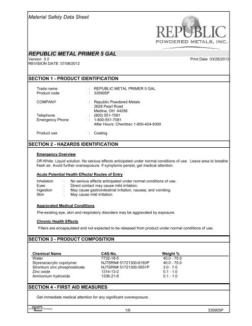 Republic Metal Primer MSDS - Republic Powdered Metals