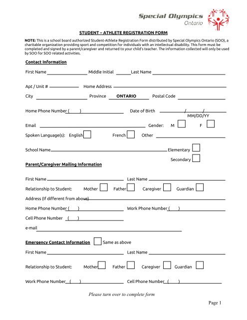 student â athlete registration form - Special Olympics Ontario