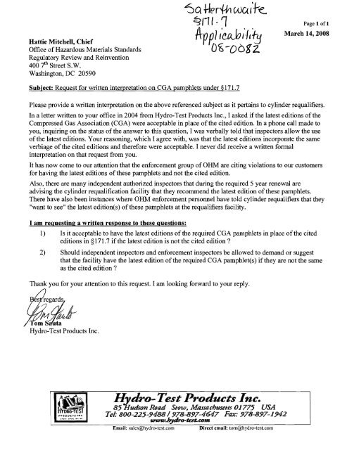 May 13, 2008 Letter of Interpretation - Hydro-Test Products, Inc