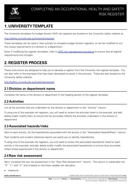 Completing an OHS risk register - Safety - University of Melbourne
