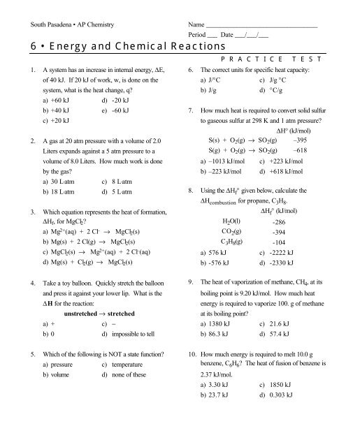 6 â ¢ Energy and Chemical Reactions - Chemmybear.com