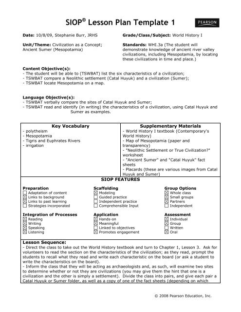 SIOP Lesson Plan Template 1 ACT ESL