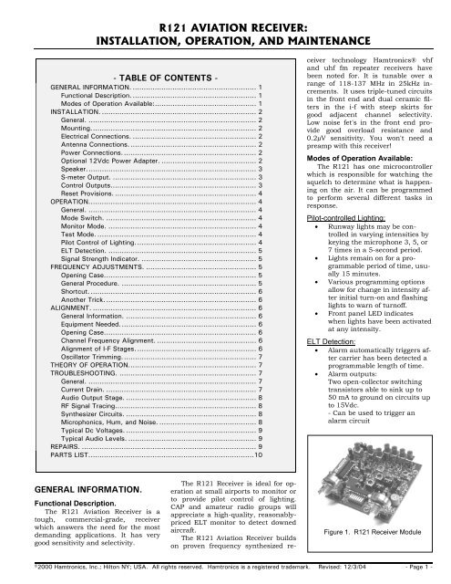 R121 Aircraft Receiver - Hamtronics Inc.