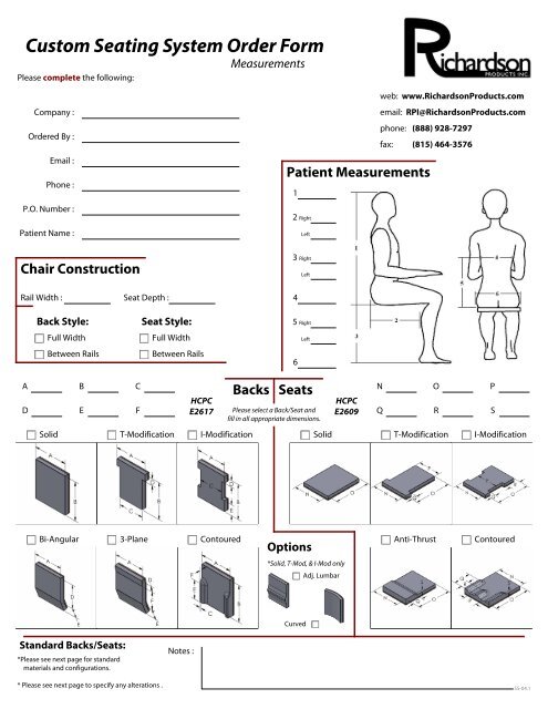 Custom Seating System Order Form - Richardson Products Inc.