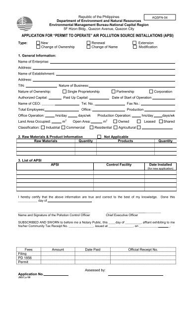 application for â permit to operateâ air pollution source installations