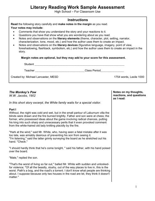 Literary Reading Work Sample Assessment